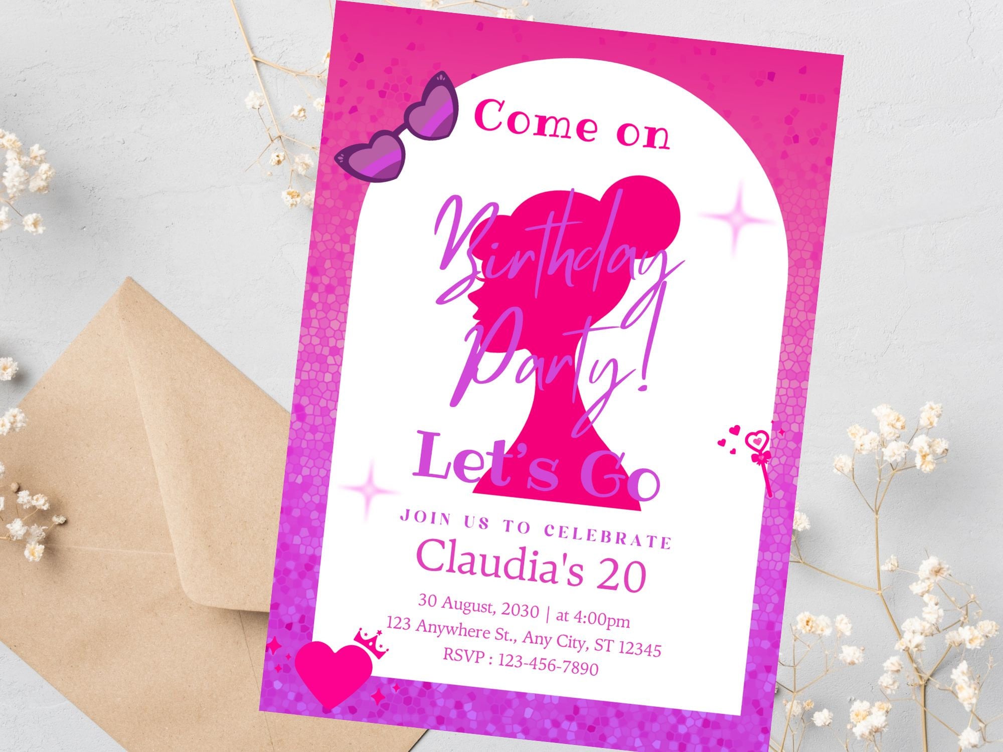 Editable Invitation Pink Doll Birthday Party, Pink Sparkle Birthday ...