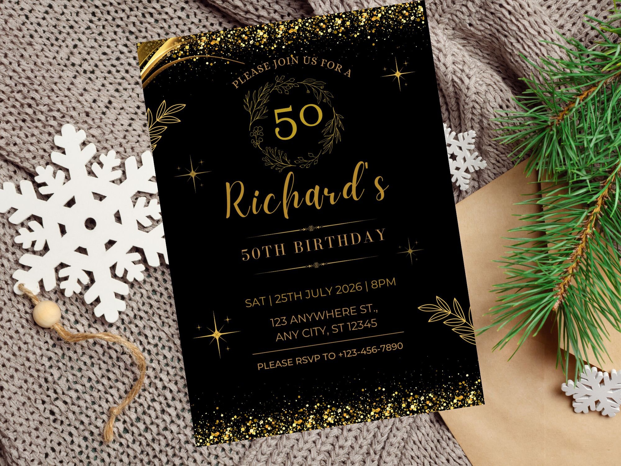 Editable 50th Birthday Invitation Glitter Gold Neon Birthday Party ...