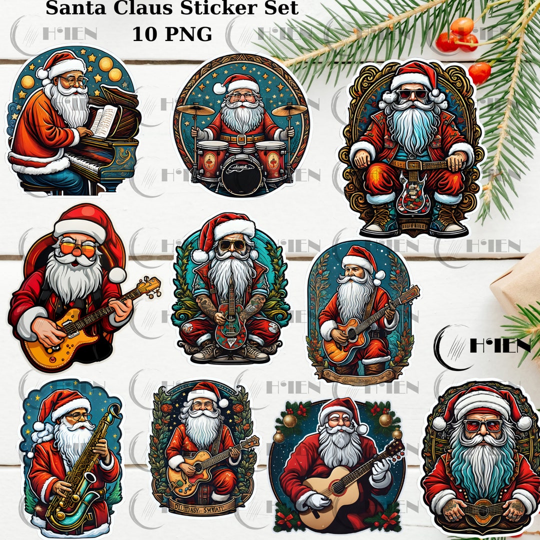 Santa Claus Music STICKER Art Png Set of 10, Unique Santa Sticker ...