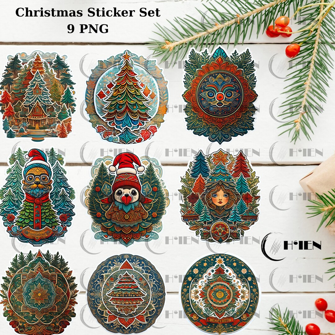 Christmas STICKER Art Png Set of 9, Unique Christmas Sticker, Christmas ...