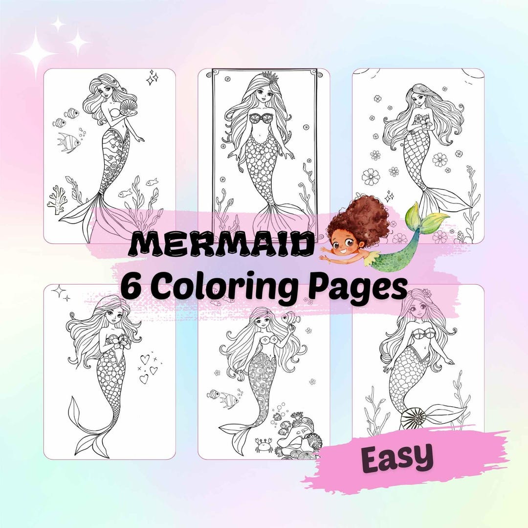 Mermaid Easy Coloring Pages: Fun for Artistic Childs, Aquatic ...