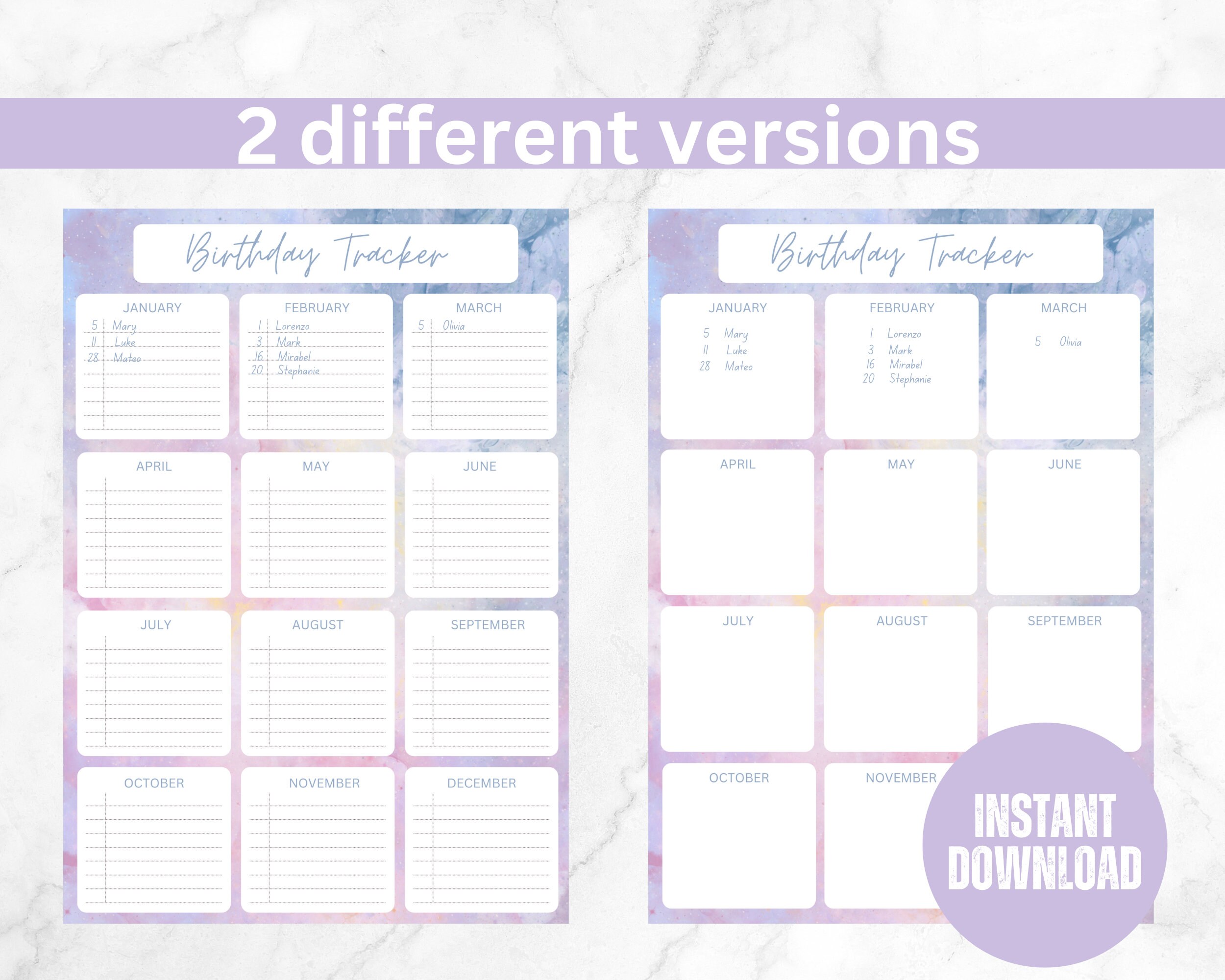 Birthday Tracker Printable Birthday Reminder Planner With Matching ...