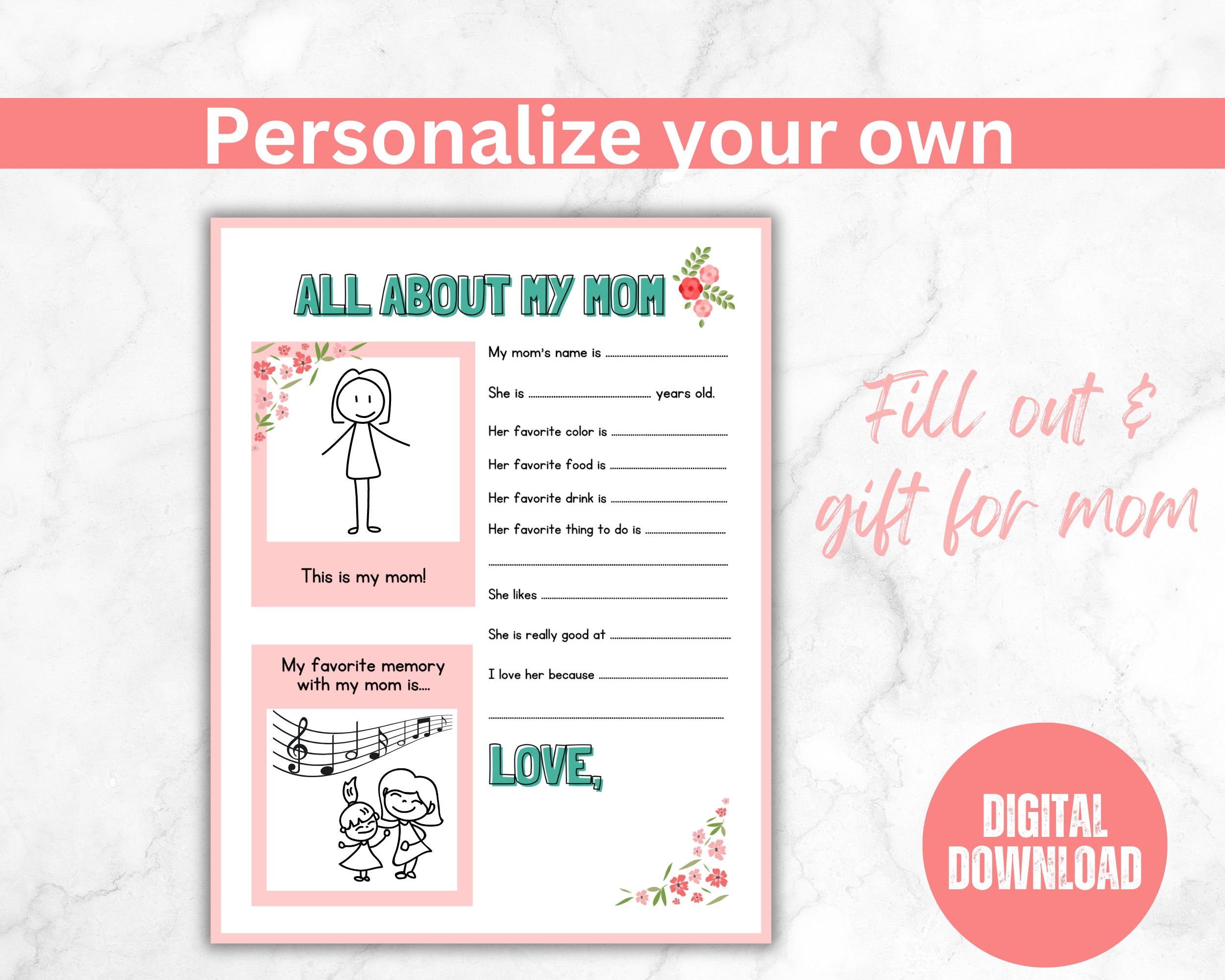 Mom Interview All About My Mom Printable, Gift for Mom, Handmade Art ...
