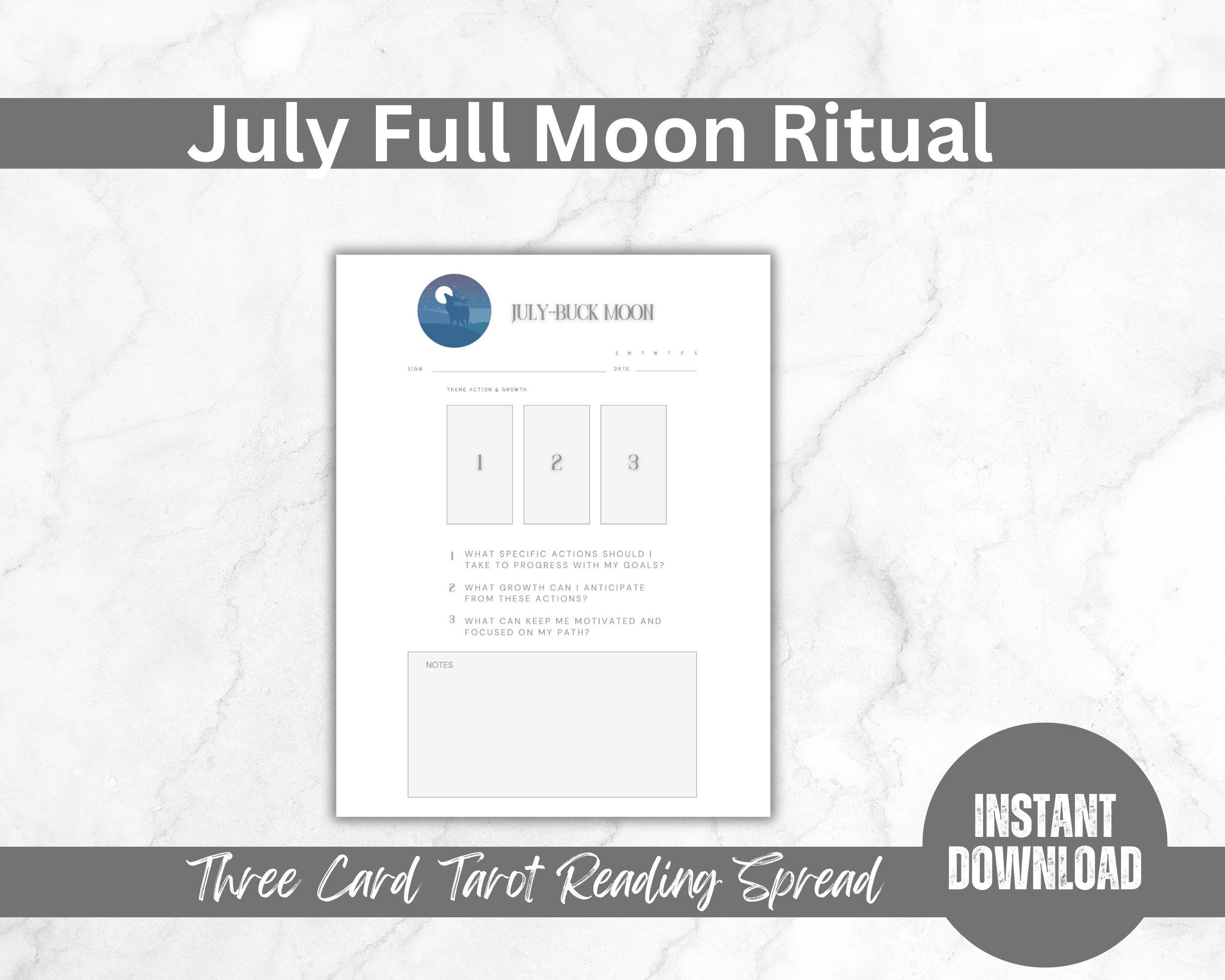 Full Moon Ritual Worksheet, 3 Card Tarot Reading Spread Focused on the ...