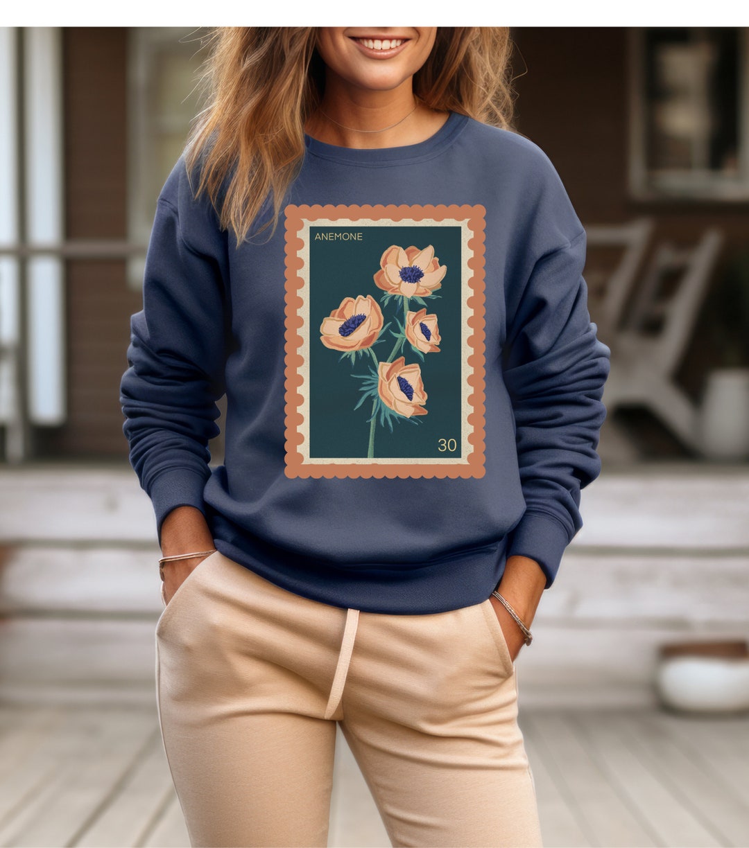 Floral Postage Stamp Anemone Flower Print Sweater Boho Minimalist Woman ...