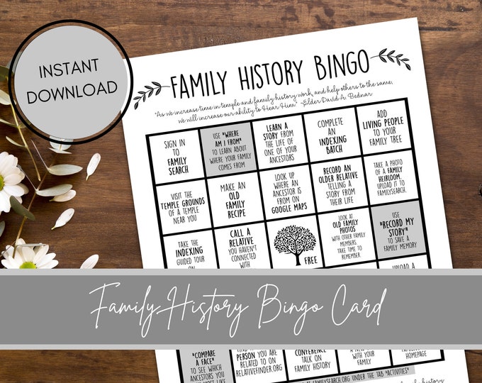 Family History BINGO Card -- Instant Dowload -- LDS Family Activity ...