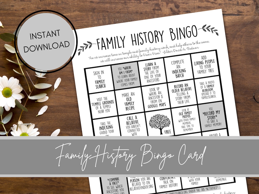 Family History BINGO Card -- Instant Dowload -- LDS Family Activity -- Familysearch - Etsy