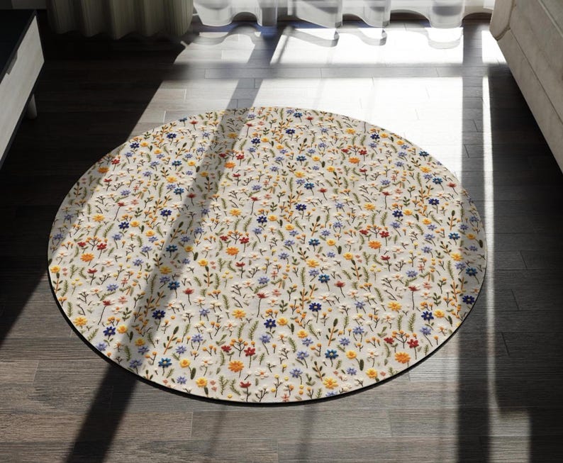 Wildflower Round Rug for Living Room, Cottagecore Rug for Bedroom ...