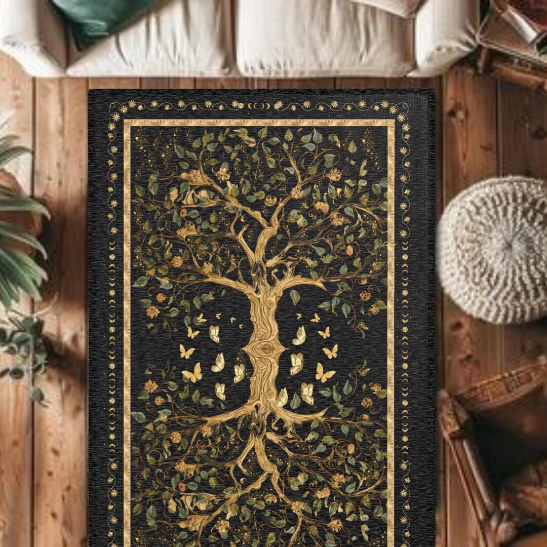 Tree of Life Area Rug With Moon Cycle, Fireflies & Butterflies ...