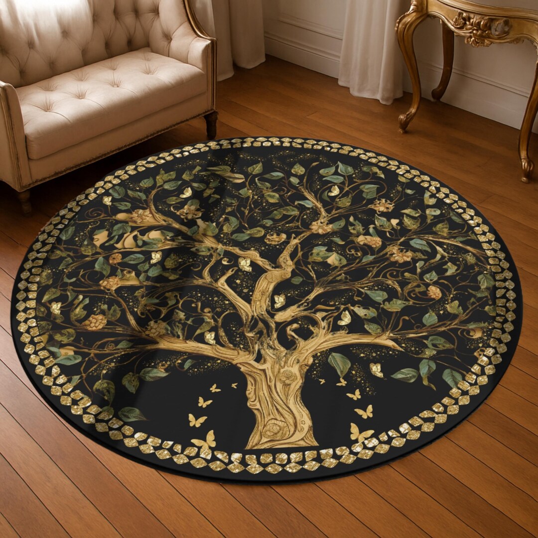 Tree of Life Rug With Fireflies & Butterflies, 60”x60” Round Rug for ...