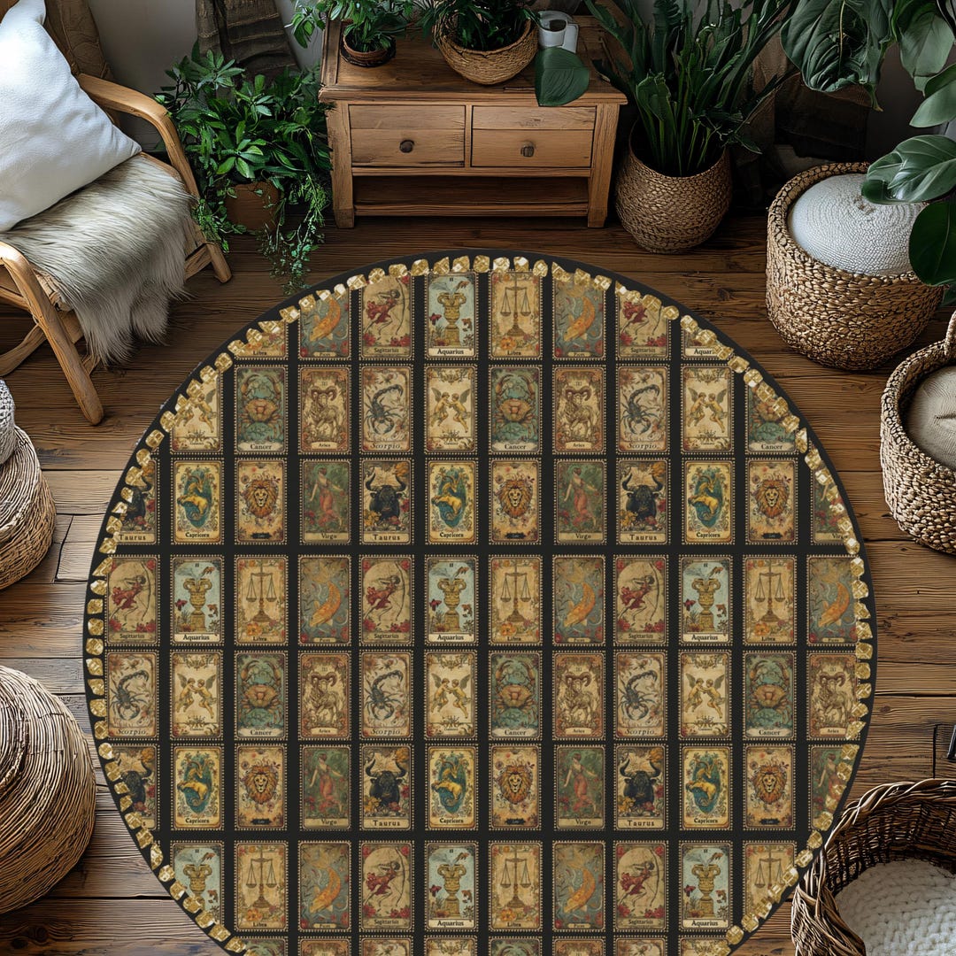Witchy Round Rug, Zodiac Tarot Card Faux Patchwork Area Rug Whimisgoth ...