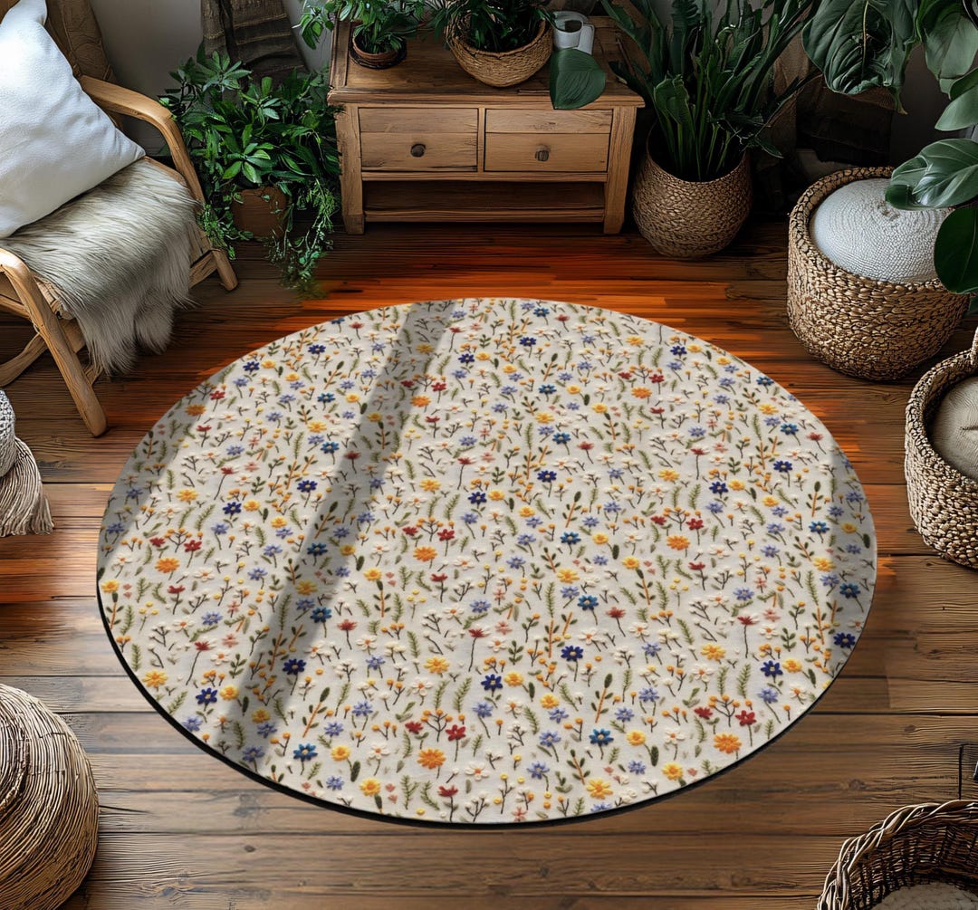 Wildflower Round Rug for Living Room, Cottagecore Rug for Bedroom ...