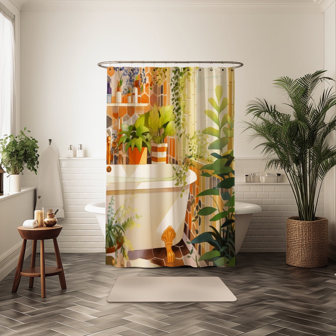 Shower Curtain Botanical Bath Tub Curtain Bathroom Decor Rust Orange ...
