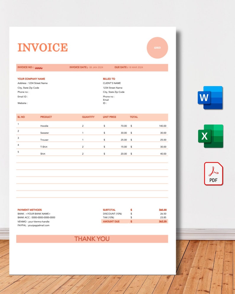 Invoice Template Pdf/excel/word Invoice Simple Invoice Word Editable ...