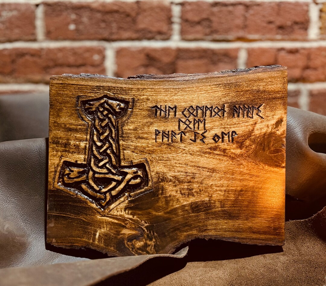 Mjolnir Wood Sign Hand-tooled Carving With Runic Quote - Etsy