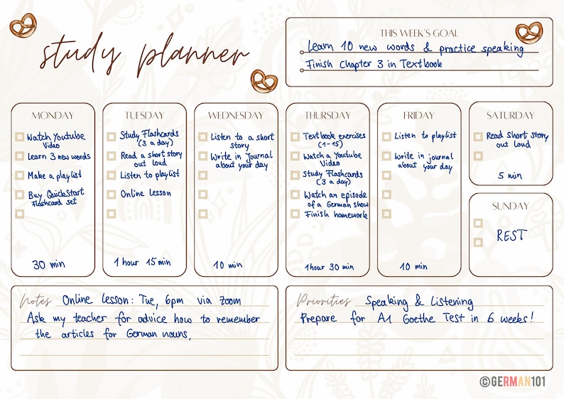 German Study Planner Printable Weekly German Language Learning Planner ...