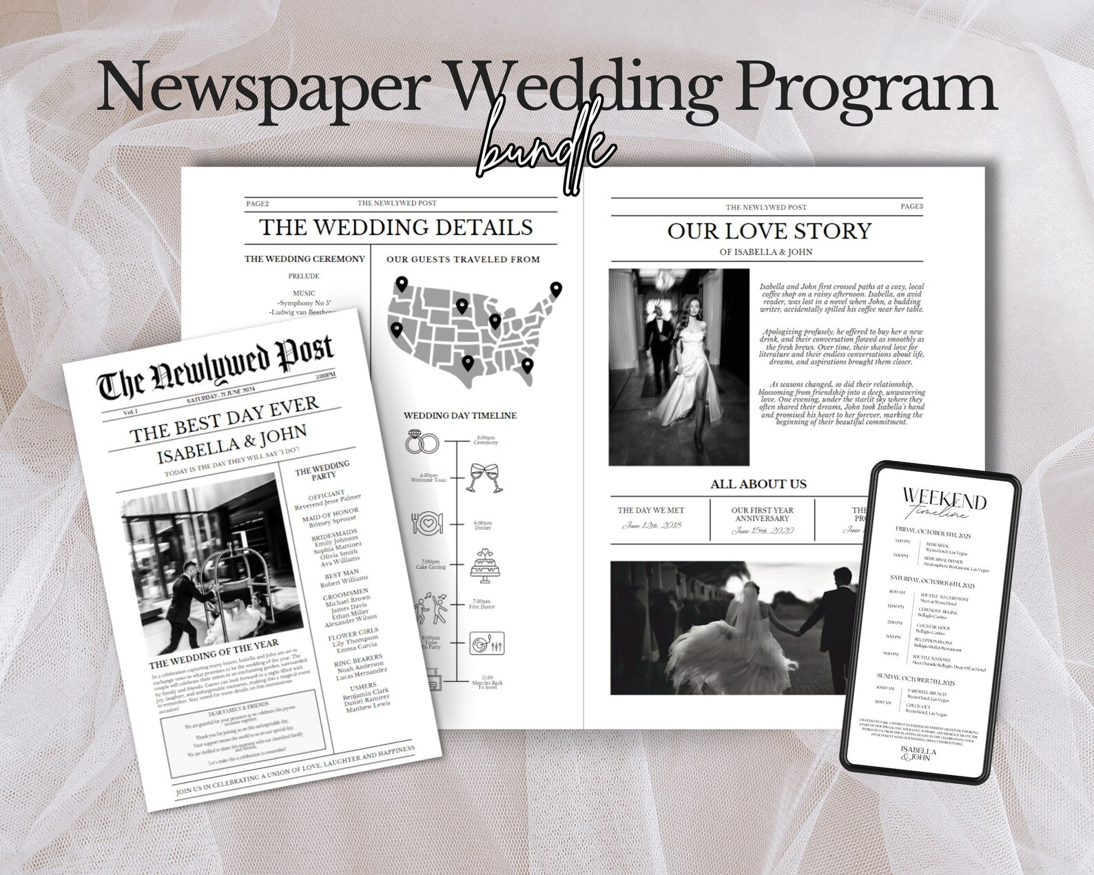 Folded Custom Newspaper Wedding Program Template | Editable ...
