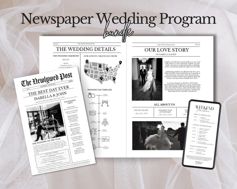Folded Custom Newspaper Wedding Program Template | Editable ...