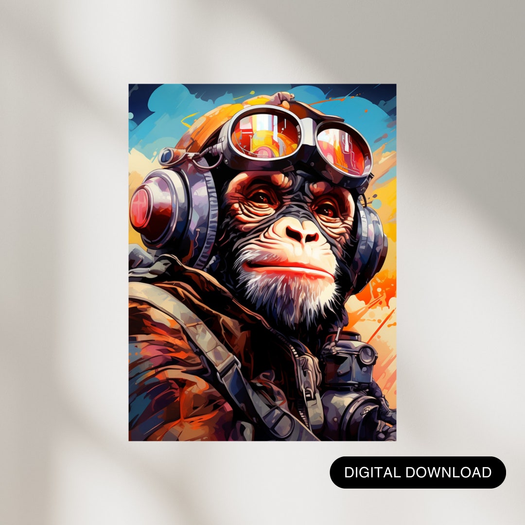 Vintage Chimpanzee Pilot Portrait, 1920s Artwork, Vintage Chimp Wall ...