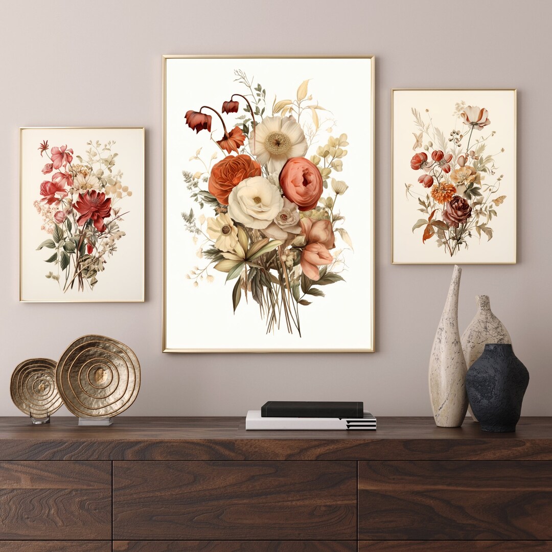 Vintage Flower Prints Set of 3 Botanical Wall Art Daisies Ferns Poster ...