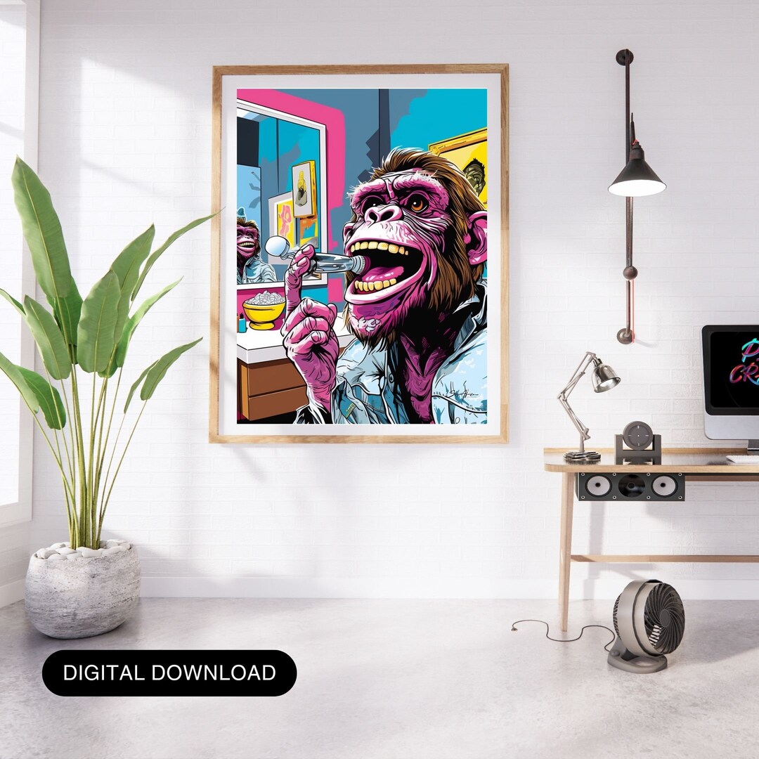 Monkey Art, Funny Bathroom Art, Digital Print of Animal Brushing Teeth ...