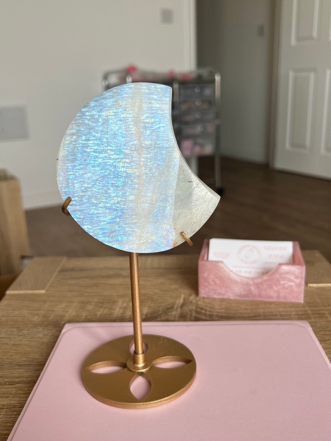 Moonstone Crystal Moon With Stand | Crystal Carving Celestial Blue ...