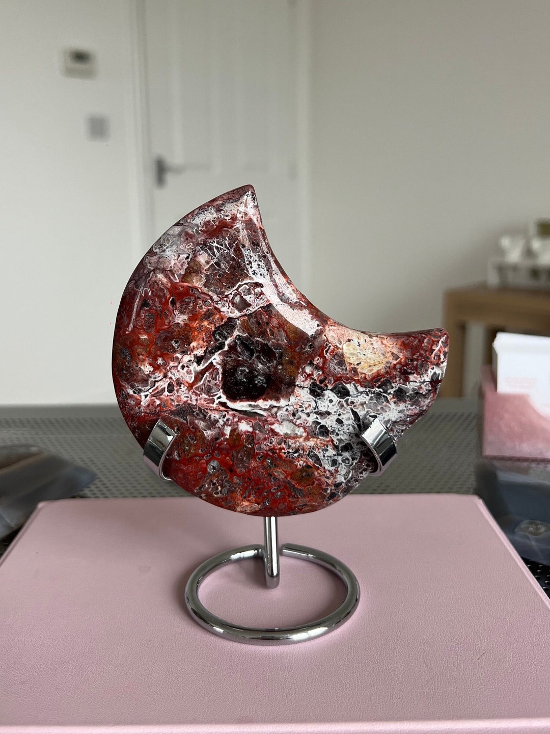 Mexican Crazy Lace Agate Moon With Stand | Druzy Agate Crystal Carving ...