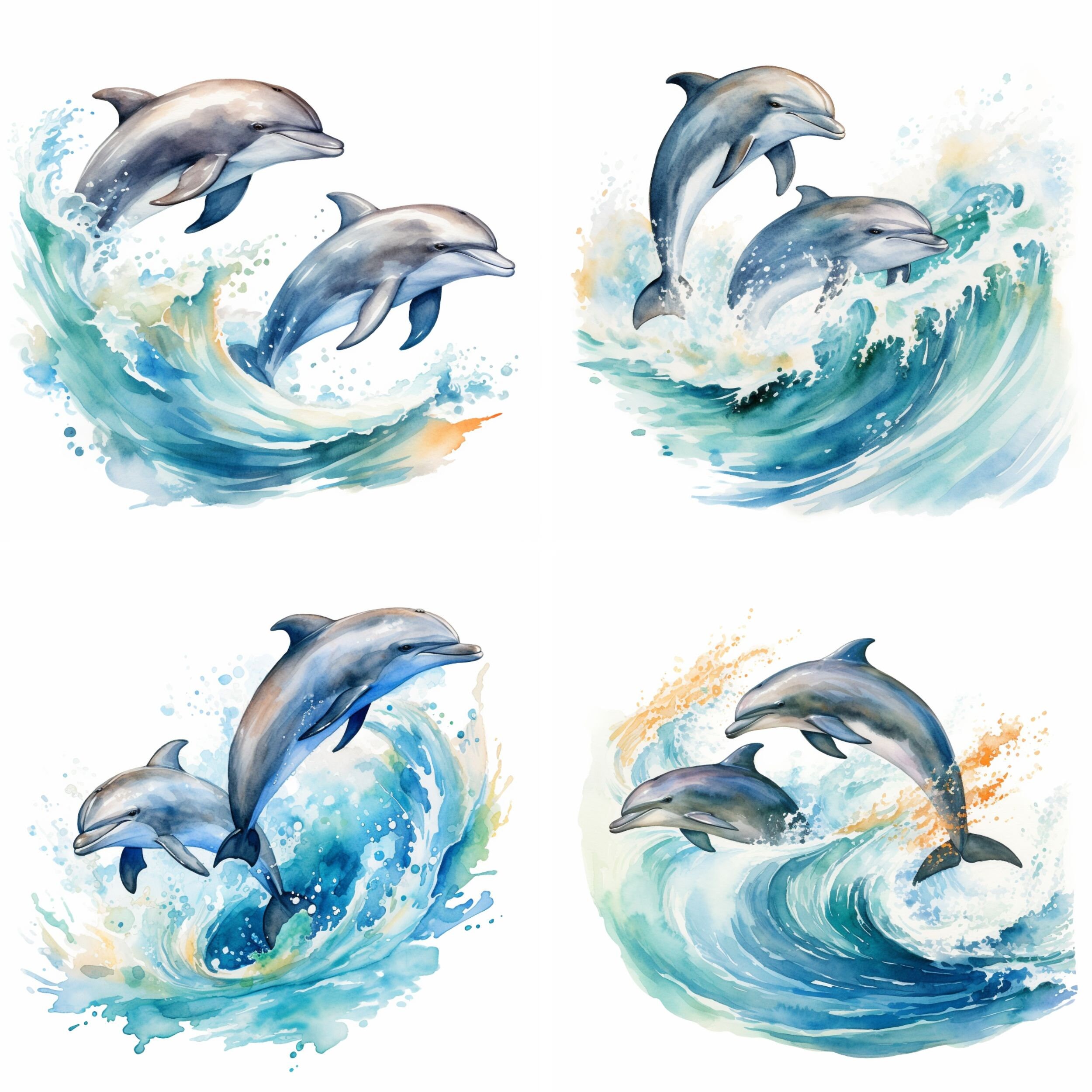 20 Watercolor Killer Whales, Dolphins, Orcas, Seahorses, Octopus, Ocean ...