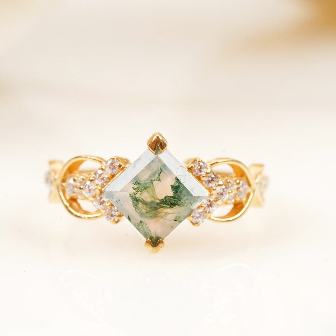 Princess Cut Moss Agate Engagement Ring Vintage Engagement Ring Rose ...