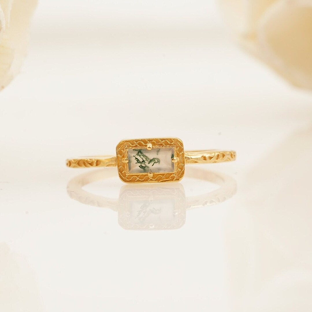 Natural Moss Agate Wedding Band Ring Promise Ring Art Deco Unique ...