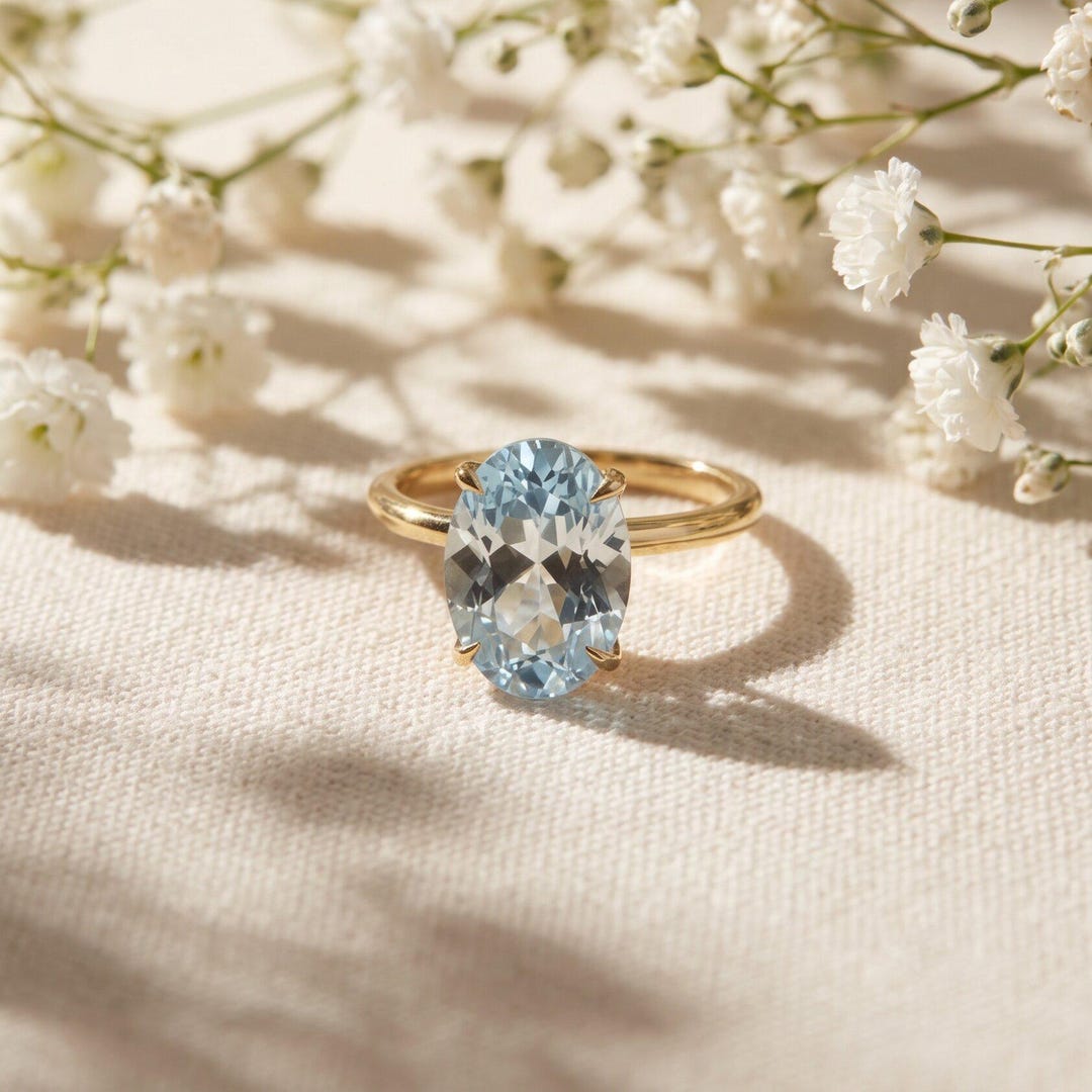 Oval Aquamarine Engagement Ring, 14K Gold Solitaire Ring, Minimalist ...
