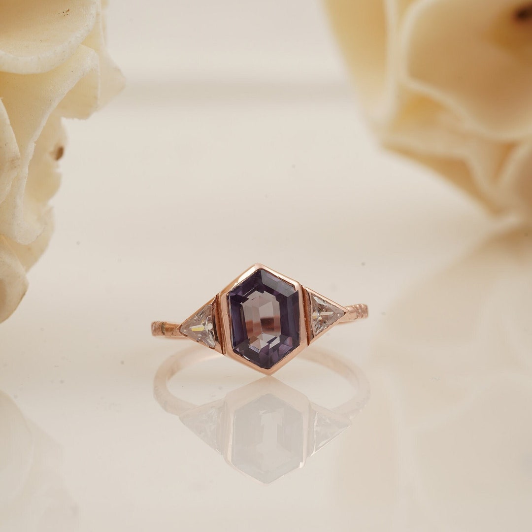 Hexagon Cut Alexandrite Engagement Ring, Triangle and Round Cut ...