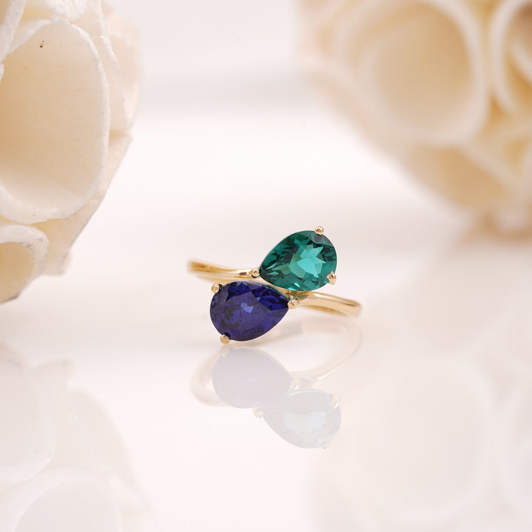 Pear Shaped Unique Gemstone Engagement Ring Emerald Sapphire Ring ...