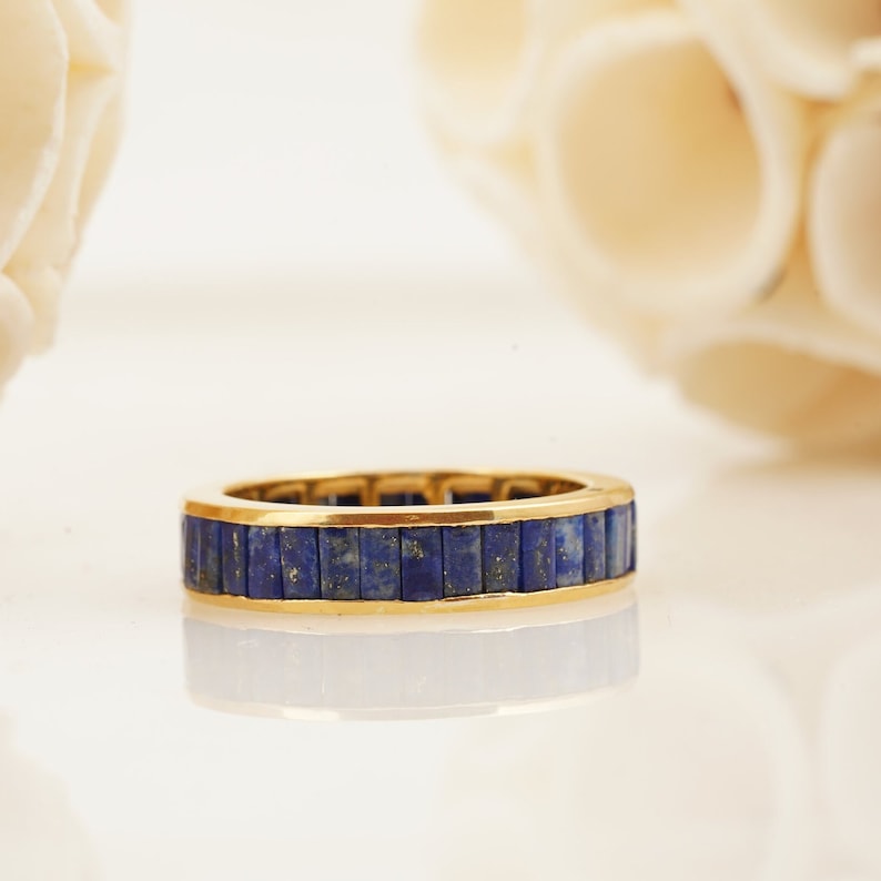 Lapis Lazuli Solid Gold Channel Set Band Baguette Cut Full Eternity Band Stacking Wedding Band ...