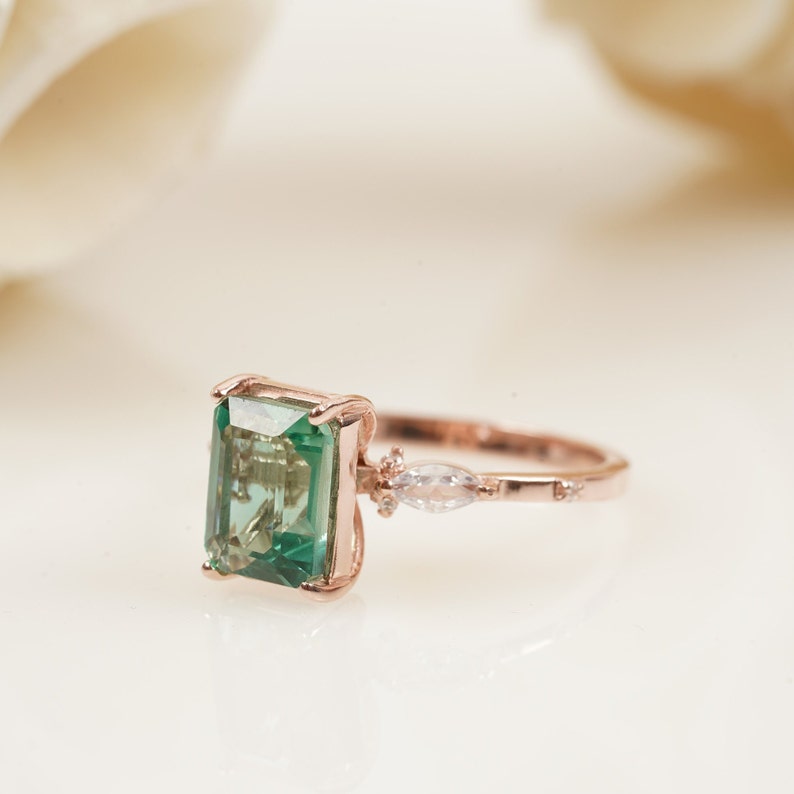 Natural Green Amethyst Ring Emerald Cut Prasiolite Rings 925 Sterling ...