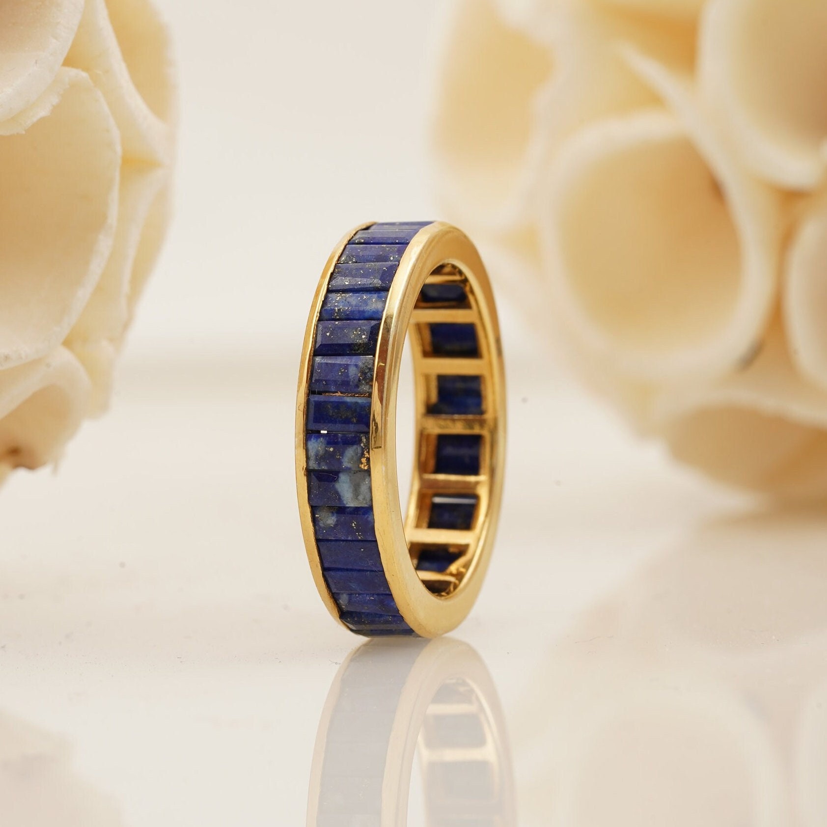 Lapis Lazuli Solid Gold Channel Set Band Baguette Cut Full Eternity Band Stacking Wedding Band ...