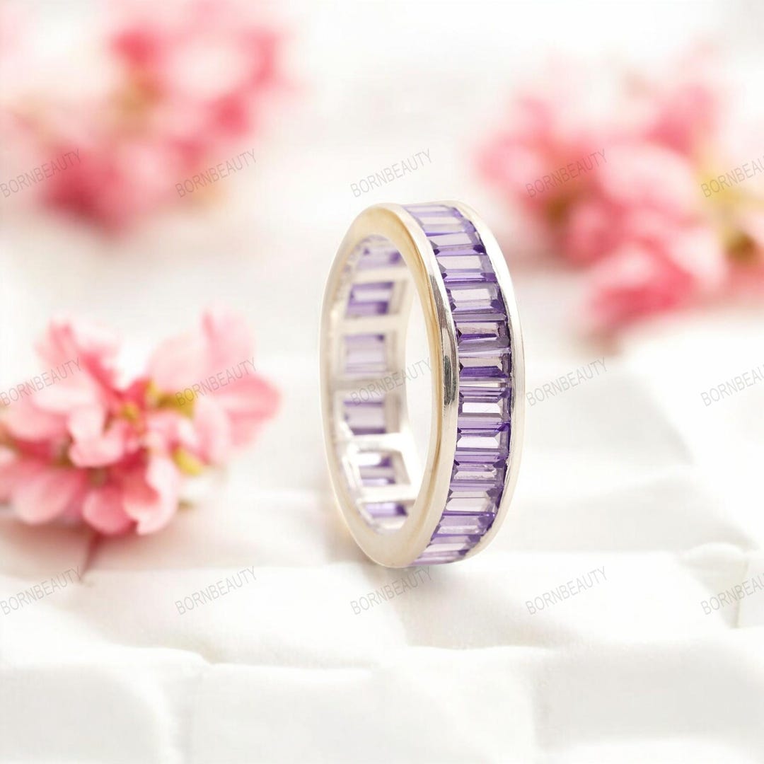 Channel Set Amethyst Wedding Band, 14K White Gold Channel Set Ring ...