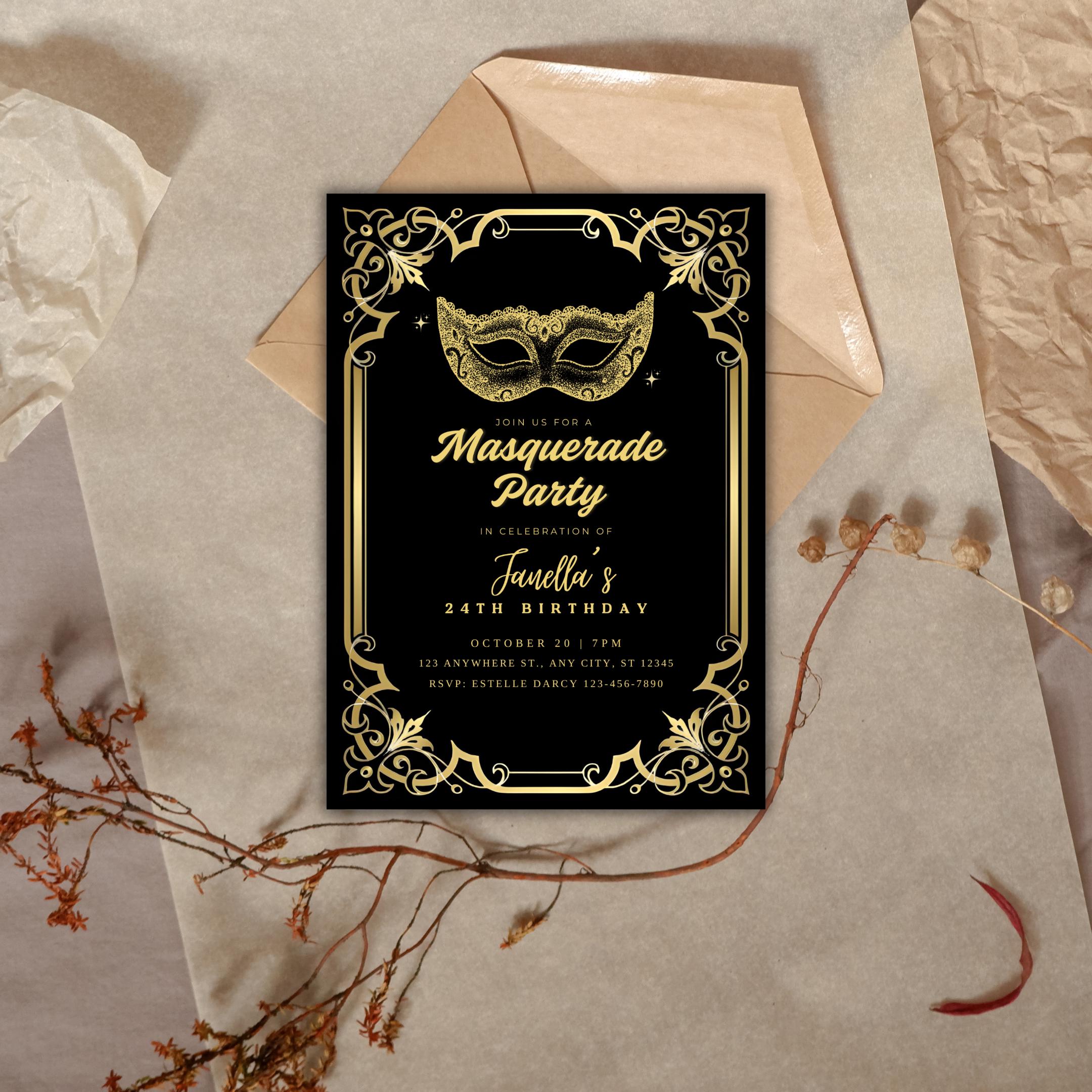 Masquerade Ball Birthday Invitation Template - Editable & Printable ...