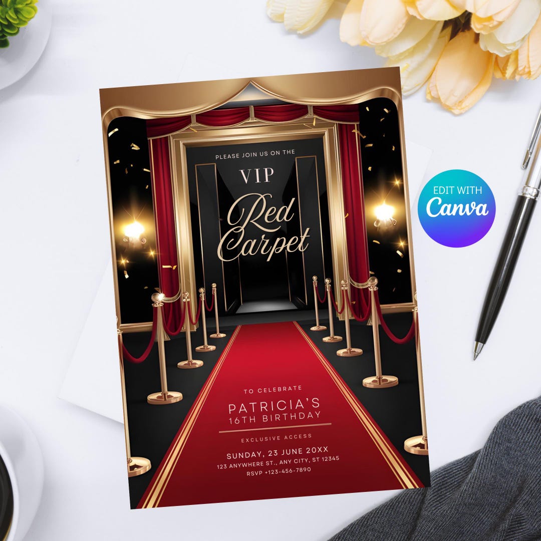 Red Carpet Invite, Red Carpet Birthday Invitation, Hollywood Theme ...