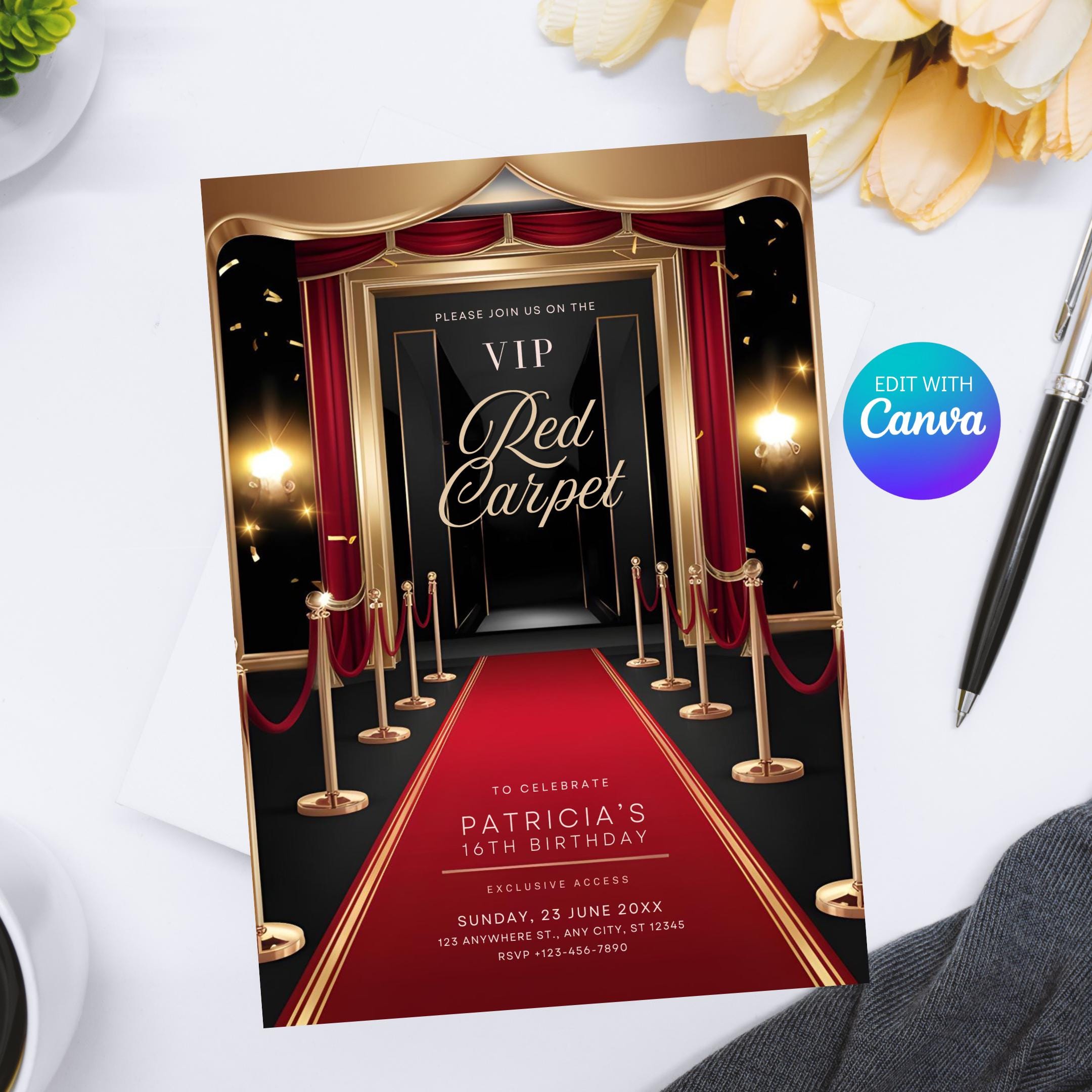Red Carpet Invite, Red Carpet Birthday Invitation, Hollywood Theme ...