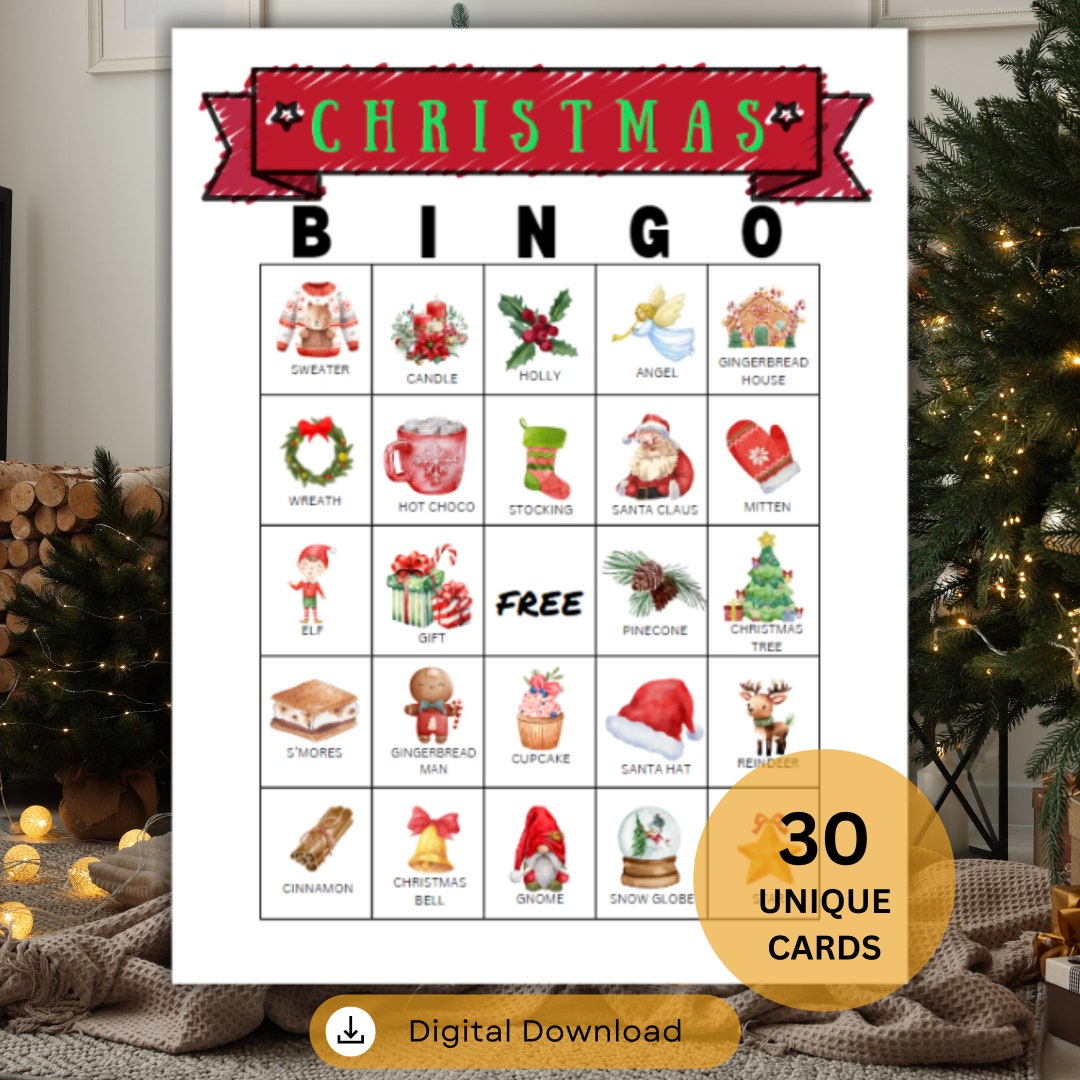 Christmas Bingo, 30 Christmas Bingo Card Set Unique Printable Designs ...