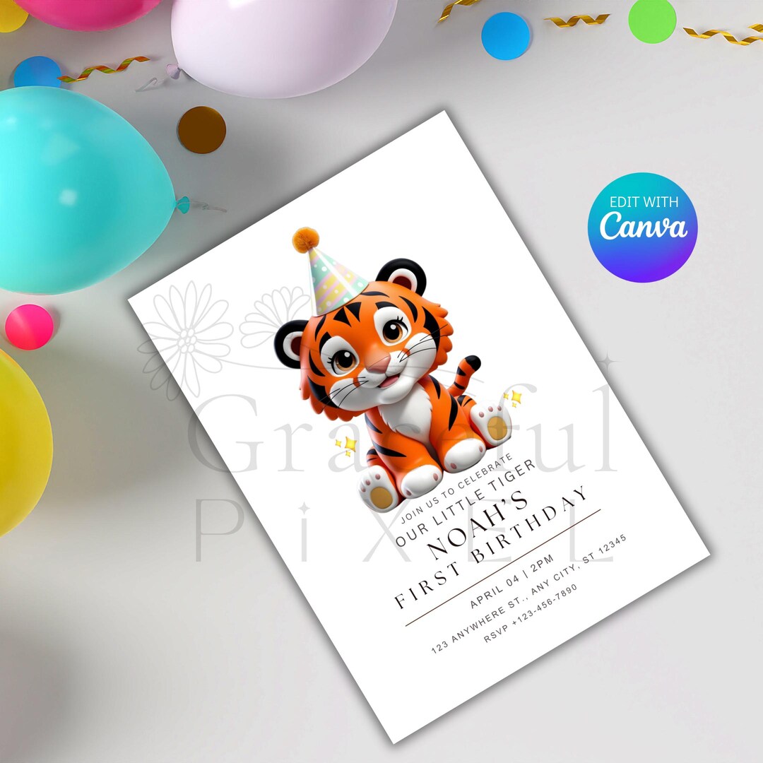 Tiger First Birthday Invite, Printable Tiger Invitation Card, Wild ...