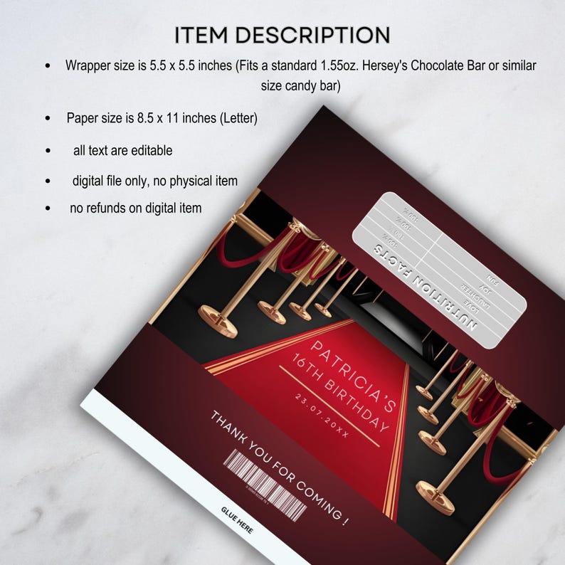 Red Carpet Chocolate Bar Wrapper Template, Red Carpet Birthday ...