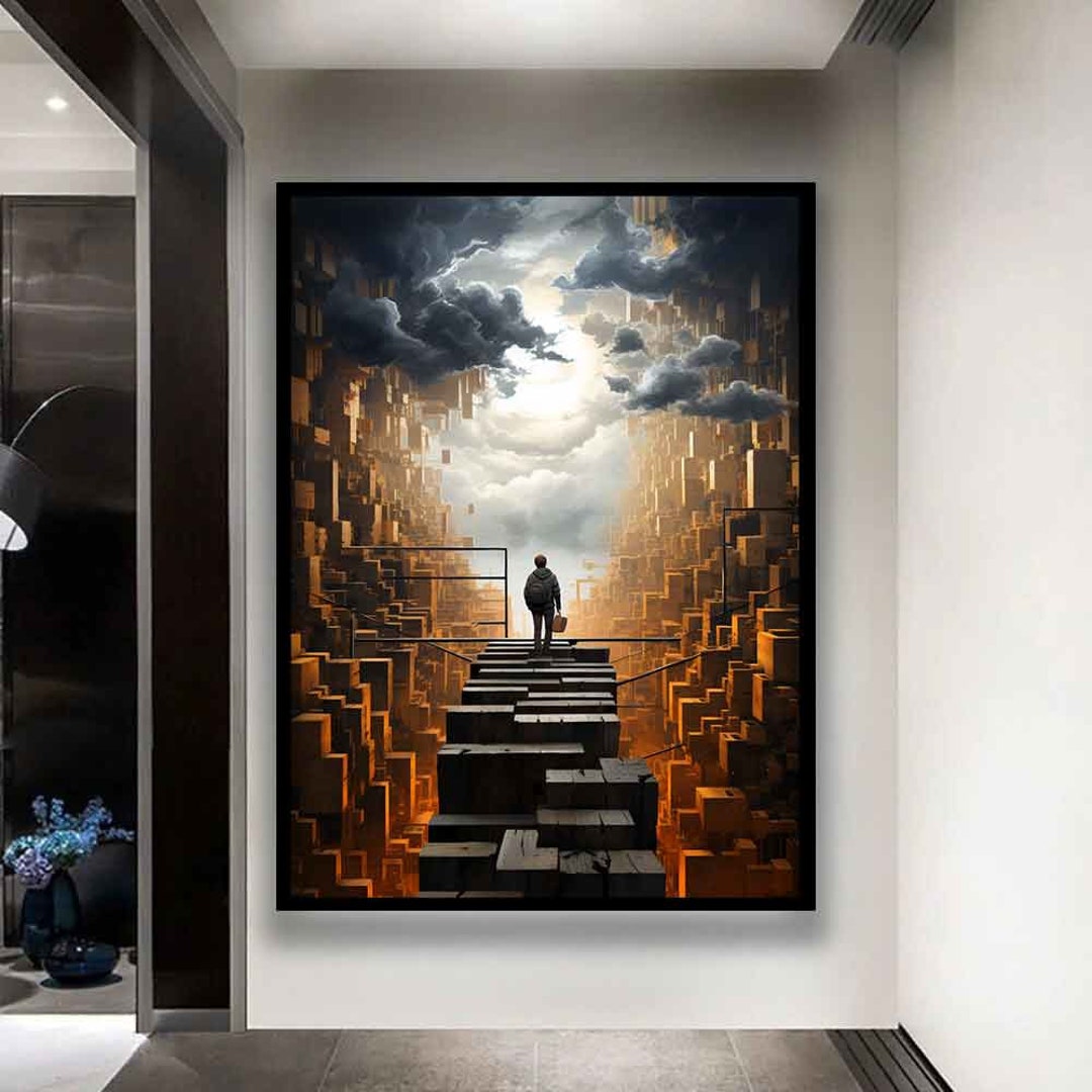 Motivational Cubistic Art,motivational Man Stairs Canvas, Motivational ...