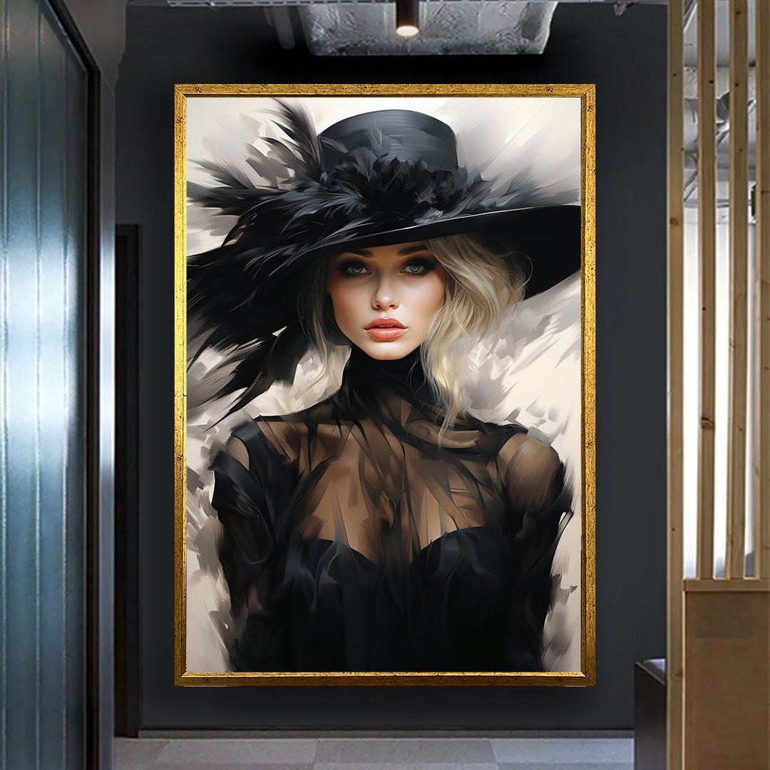 Woman Art Black Hat, Woman Fashion Art, Girl Canvas Style, Lady Print ...