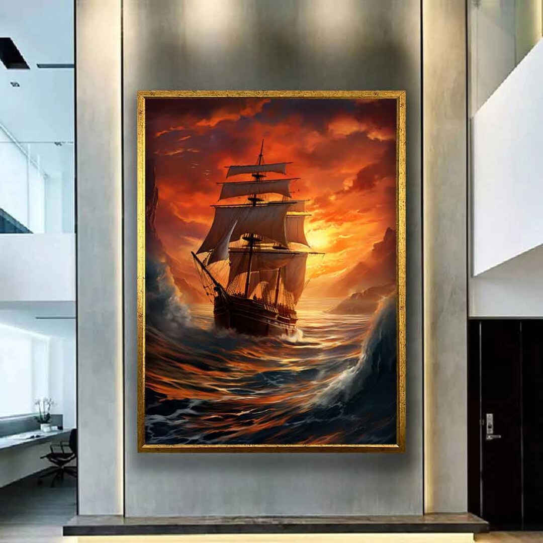 Sunset Ship Art , Ship Design Painting , Beatiful Ship Scenery Canvas ...