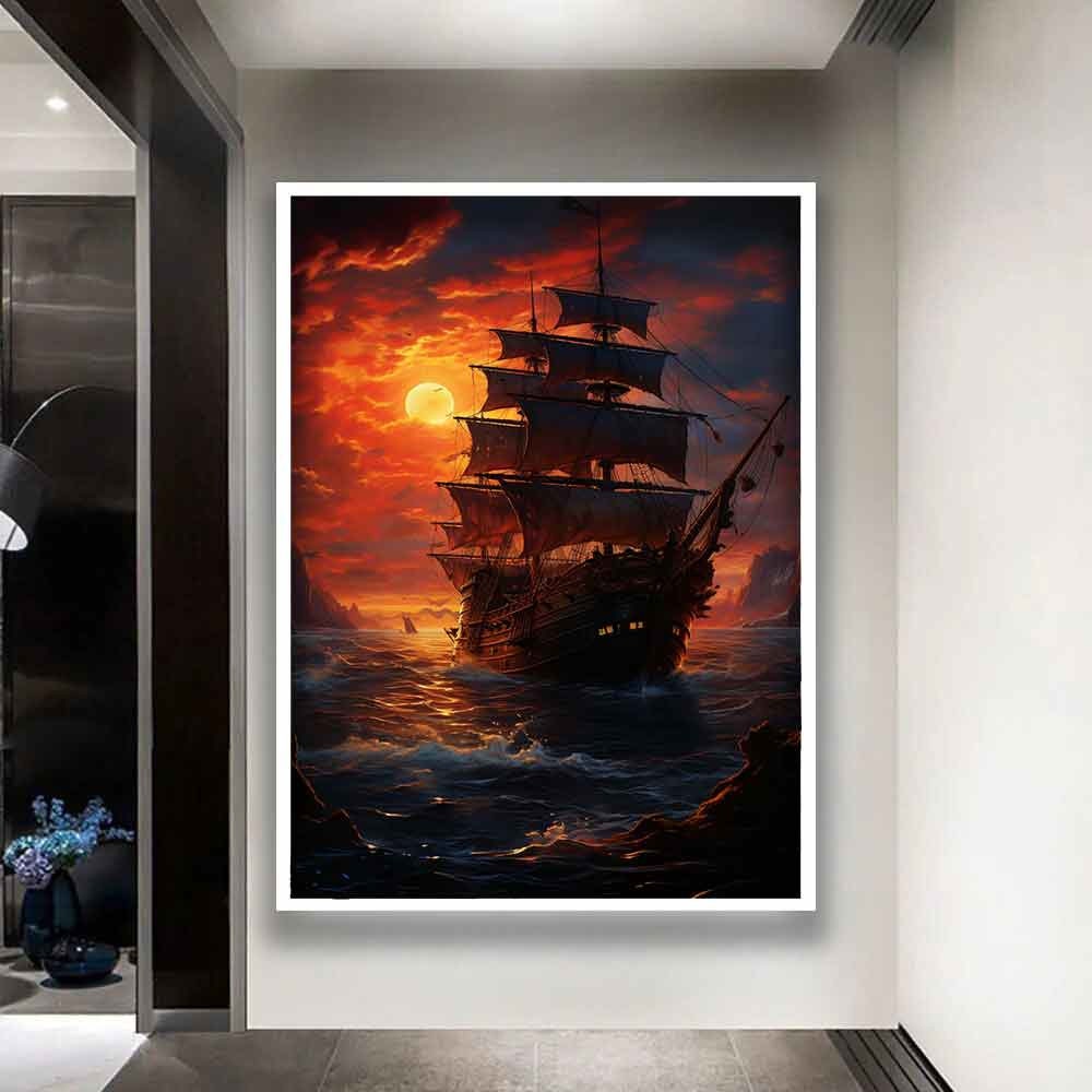 Sunset Ship Art , Ship Design Painting , Beatiful Ship Scenery Canvas ...