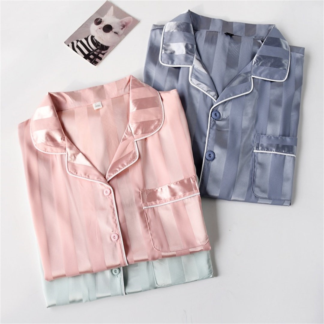 Women/man Stripes Ice Silk Fabric Pajamas Set/minimalist - Etsy