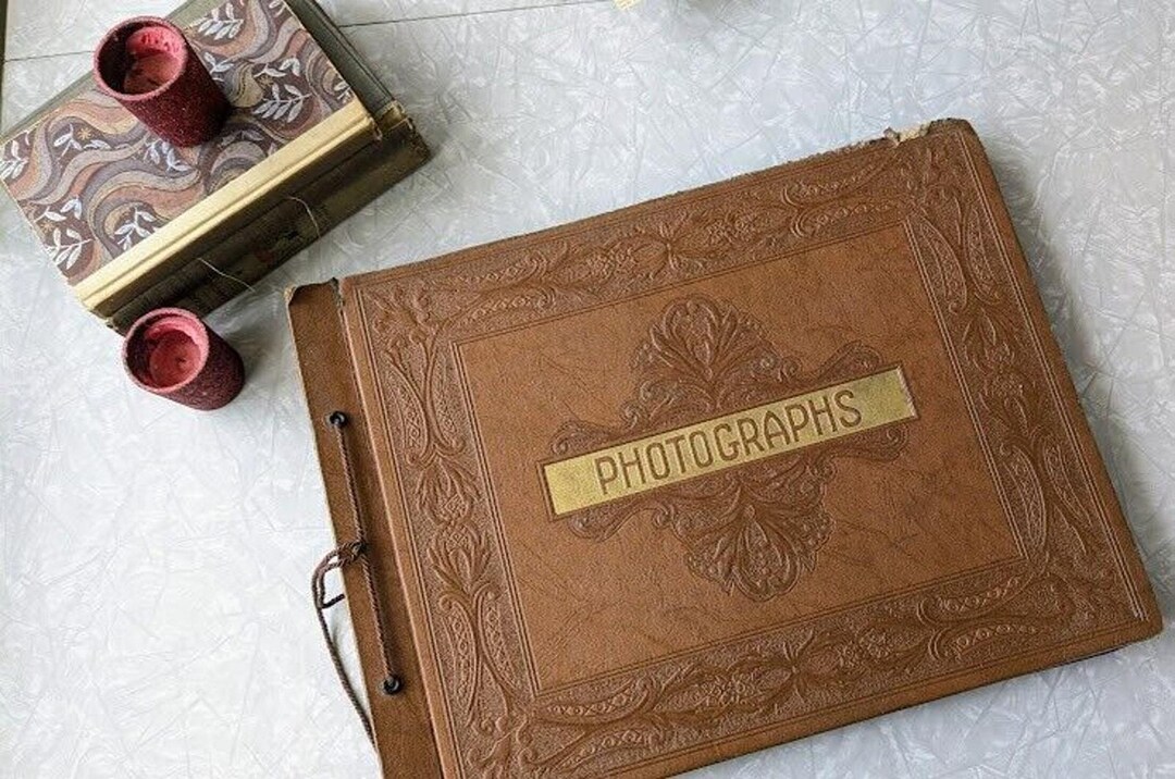 Vintage Empty Photo Scrapbook Album Antique Tie Binding Black Pages ...