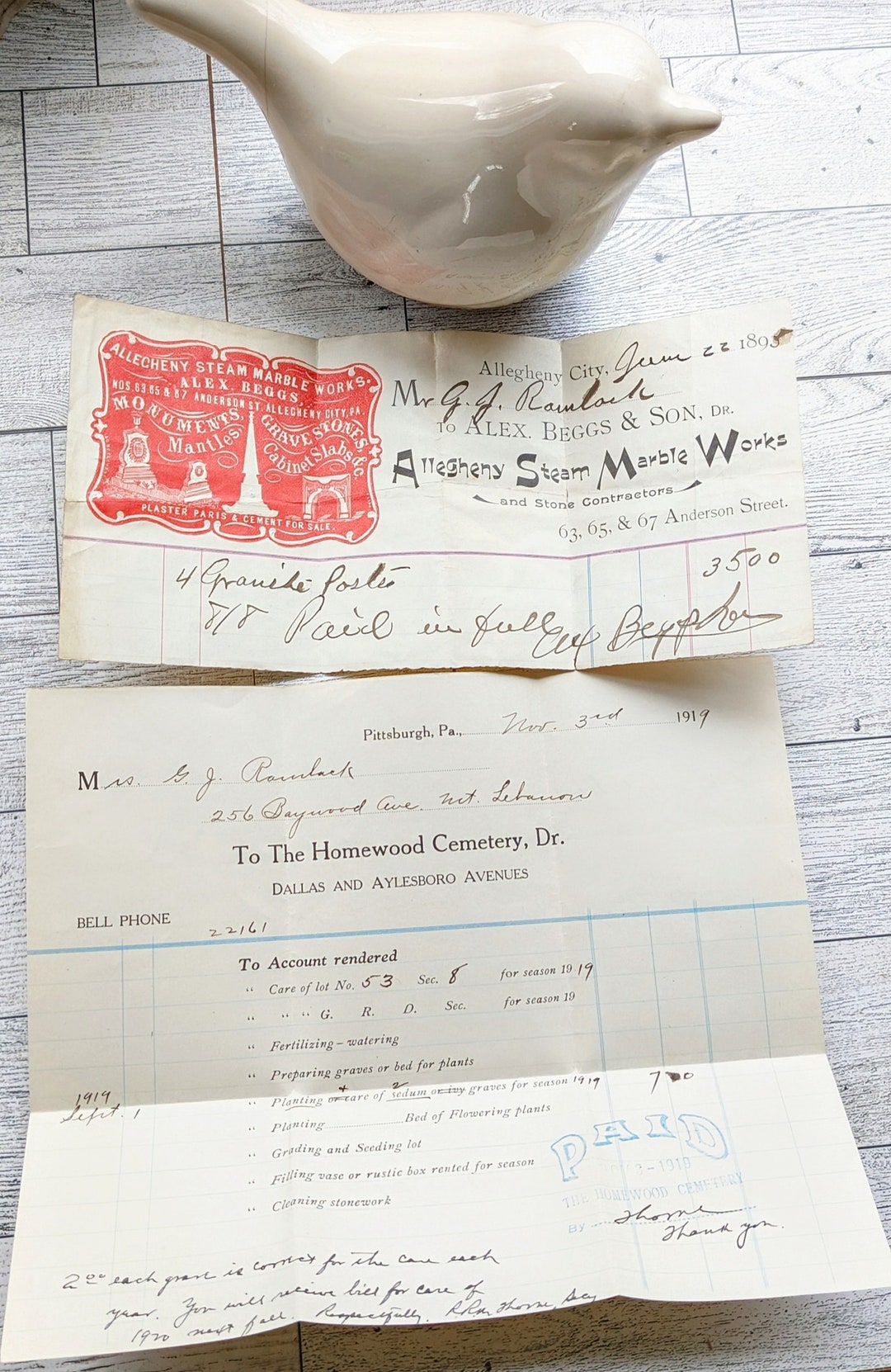 Two Antique Cemetery Receipts 1895 & 1919 Pittsburgh, PA Historical ...